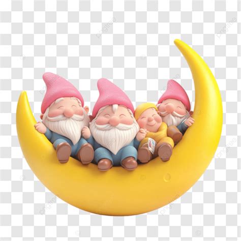 3d 노란색 반달 흰색 배경에 앉아 분홍색 모자를 쓴 난쟁이 분홍색 모자를 쓴 난쟁이들이 앉아 있다 3d 노란색 반달에 달 Png 일러스트 및 이미지 에 대한 무료
