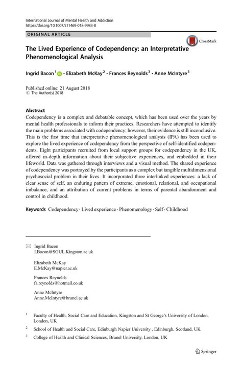 PDF The Lived Experience Of Codependency An Interpretative Phenomenological Analysis