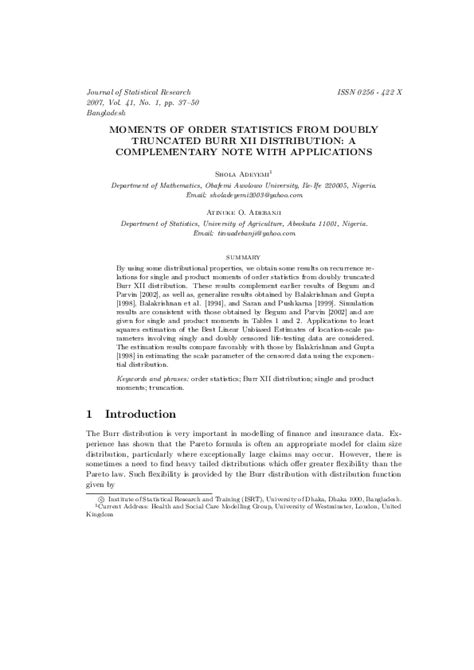 Pdf Moments Of Order Statistics From Doubly Truncated Burr Xii Distribution A Complementary
