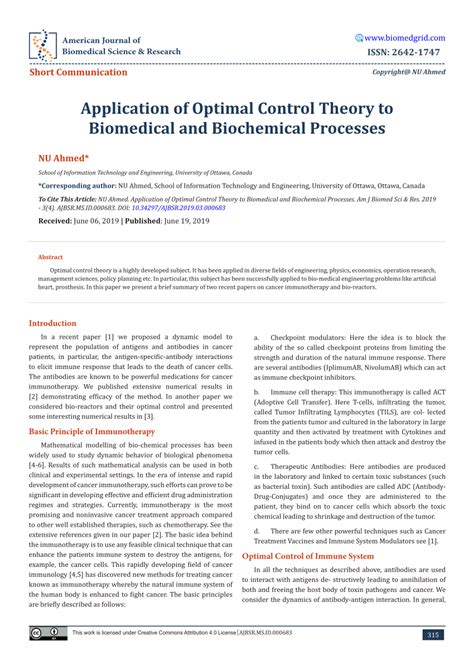 Pdf Application Of Optimal Control Theory To Biomedical And Biochemical Processes