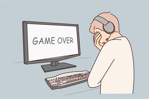 게이머는 비디오 게임에서 길을 잃고 컴퓨터 모니터에서 비문 게임을 보았을 때 화가났습니다 게이머에 대한 스톡 벡터 아트 및 기타 이미지 게이머 데스크탑 컴퓨터