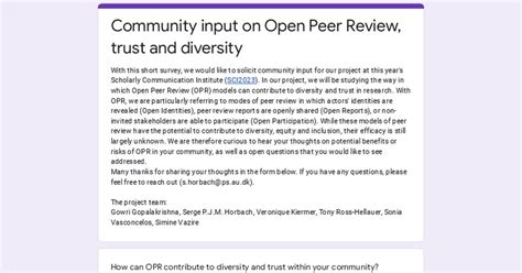 Community Input On Open Peer Review Trust And Diversity Ropenaccesstracking
