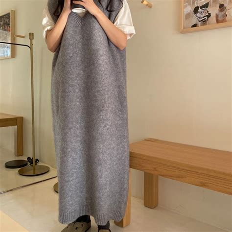 루즈핏 오버사이즈 맥시 V넥 민소매 니트 베스트 스커트 여성용 모직 스웨터 조끼 원피스