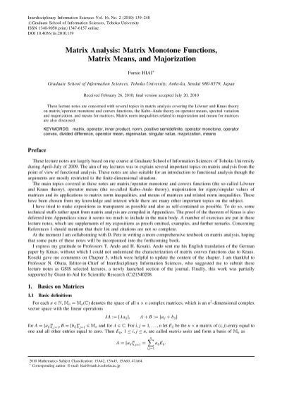Matrix Analysis Matrix Monotone Functions Matrix Means And