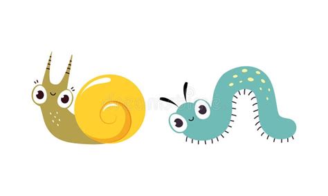 Cute Crawling Caterpillar And Snail With Spiral Shell As Garden Bug