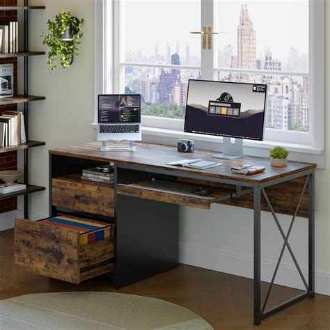 Bestier 55 In Rectangular Rustic Brown Office Desk With Storage File