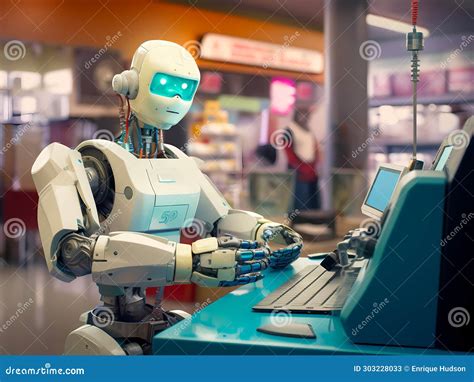 Automated Checkout Humanoid Robot Serving As Cashier In A Store Ai Stock Illustration