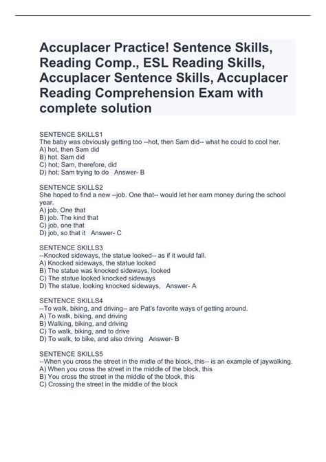 Accuplacer Practice Sentence Skills Reading Comp Esl Reading Skills Accuplacer Sentence
