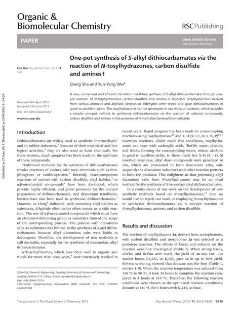 Pdf Cheminform Abstract One Pot Synthesis Of S Alkyl Dithiocarbamates Via The Reaction Of N