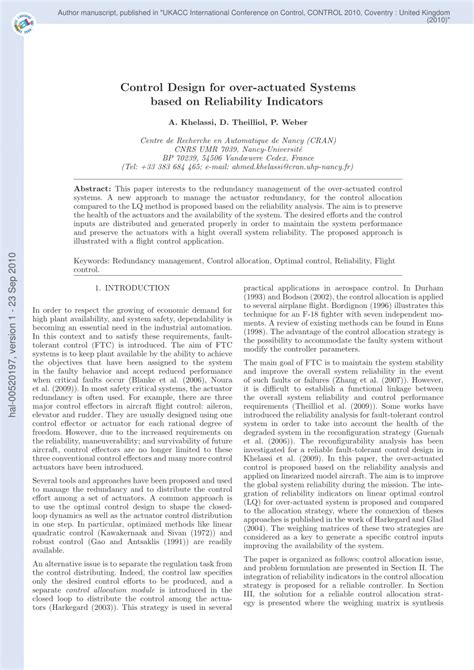 Pdf Reconfigurable Control Design For Over Actuated Systems Based On