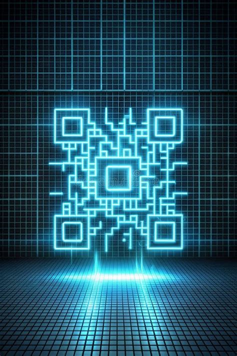 cyber digital glowing qr code on grid pattern with illuminated neon