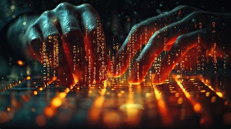 19 A Closeup Of Hands Typing On A Keyboard With Binary Code Streaming