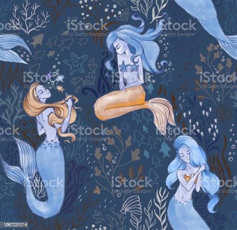 손으로 그린 아름 다운 인 어와 수 중 바다 그림의 완벽 한 패턴입니다 0명에 대한 스톡 벡터 아트 및 기타 이미지 0명 공주 귀여운 Istock