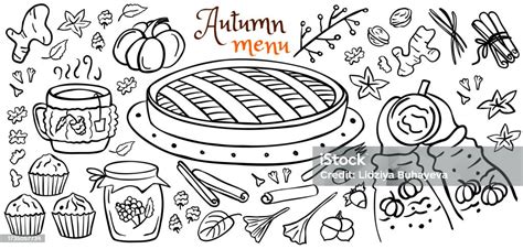 가을 메뉴 카드 호박 파이 사과 컵 케이크 쿠키 케이크 뜨거운 음료 잼 사과 파이 벡터 그림입니다 가을 메뉴 색칠 공부 인사말 카드 인쇄물에 적합합니다 호박 파이에 대한