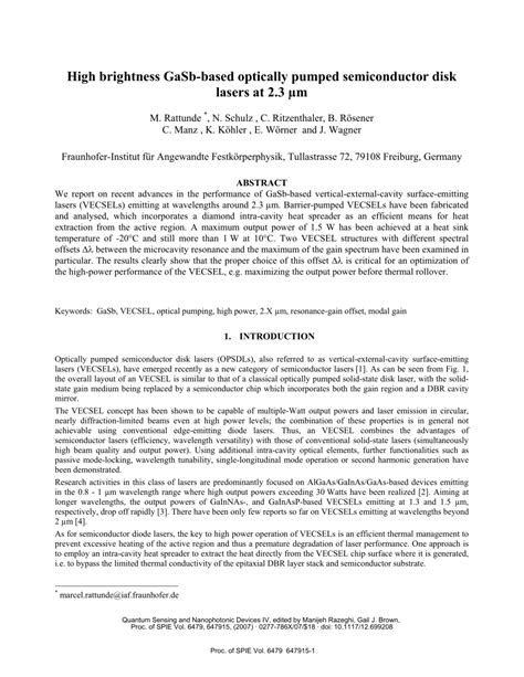 Pdf High Brightness Gasb Based Optically Pumped Semiconductor Disk