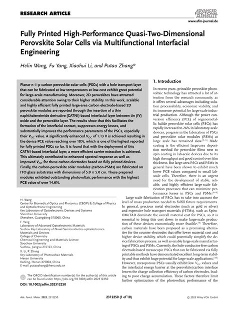 Fully Printed High‐performance Quasi‐two‐dimensional Perovskite Solar