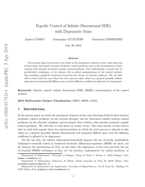 Pdf Ergodic Control Of Infinite Dimensional Sdes With Degenerate Noise