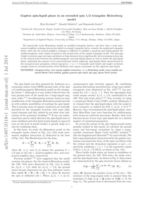 Pdf Gapless Spin Liquid Phase In An Extended Spin 12 Triangular Heisenberg Model