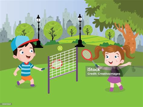 배너 웹 사이트 일러스트레이션 방문 페이지 전단지 등을 위한 공원 벡터 컨셉에서 테니스를 치는 아이들 2차 도형에 대한 스톡