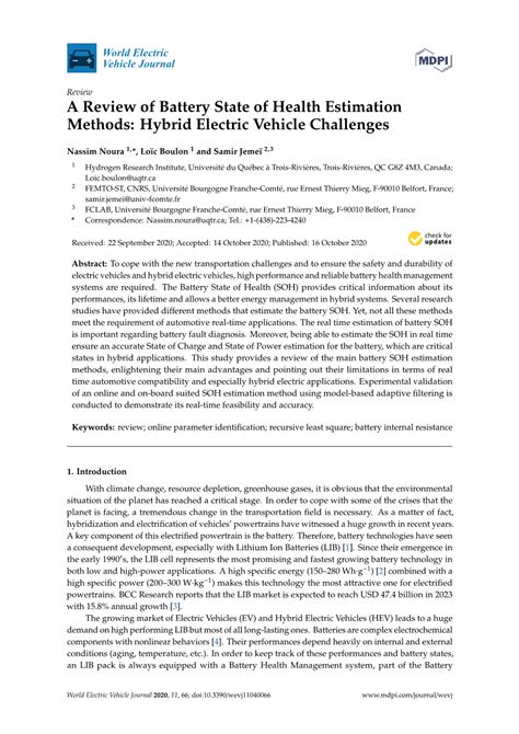 A Review Of Battery State Of Health Estimation Methods Hybrid Electric