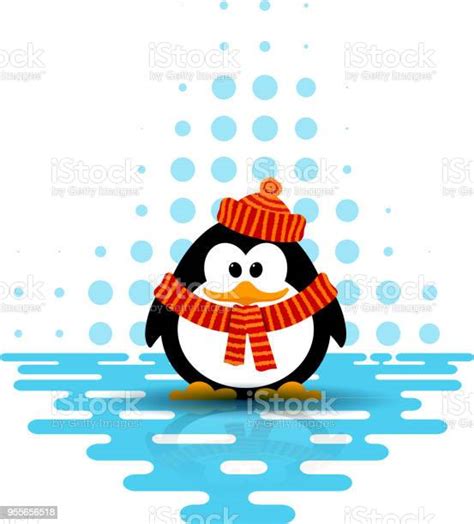 귀여운 작은 펭귄 추상적인 배경에 모자와 스카프를 입고의 벡터 그림 만화 스타일 검은색에 대한 스톡 벡터 아트 및 기타 이미지
