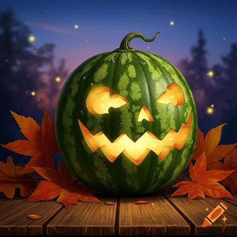 A Carved Watermelon Jack O Lantern Glows Warmly On A Wooden Surface