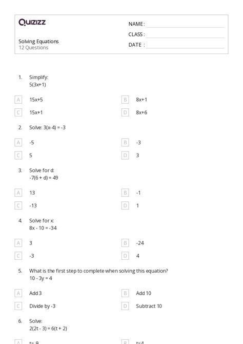 50 solving equations worksheets for 6th grade on quizizz free and printable