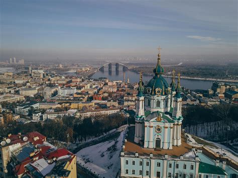 Aerial Top View Of Saint Andrews Church Cityscape Of Kiev Kyiv
