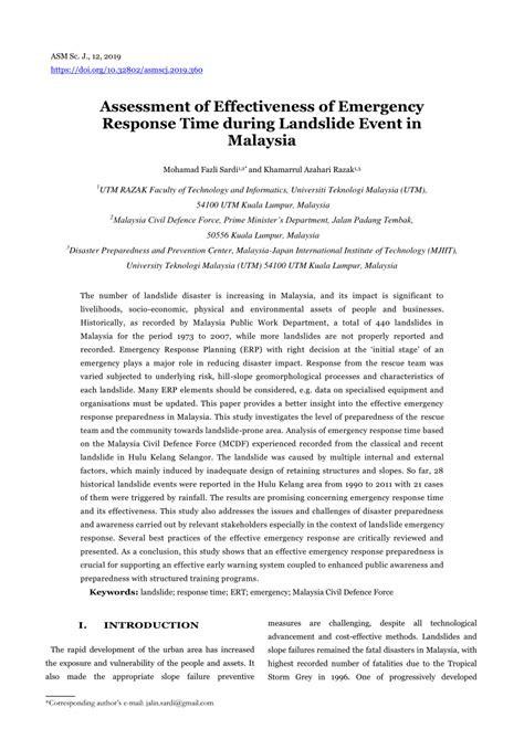 Pdf Assessment Of Effectiveness Of Emergency Response Time During Landslide Event In Malaysia