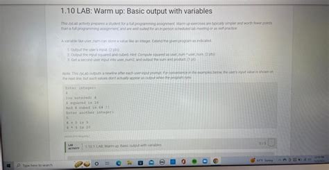 solved 1 10 lab warm up basic output with variables
