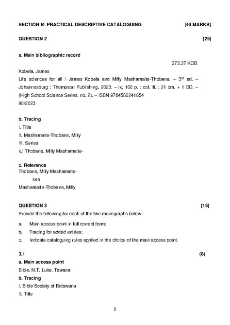 Ais2601 Exam Oct 2023 Mock Exam Memo 2 Section B Practical Descriptive Cataloguing 40 Marks