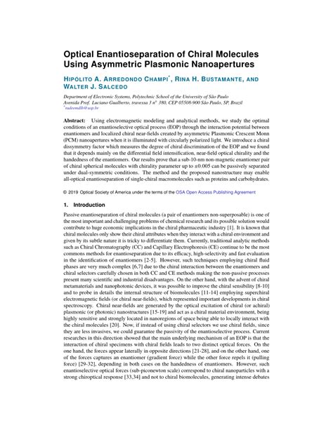 Pdf Optical Enantioseparation Of Chiral Molecules Using Asymmetric Plasmonic Nanoapertures