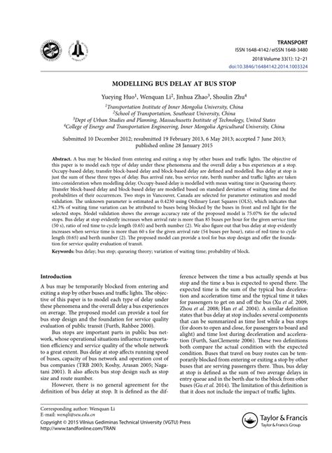 Pdf Modelling Bus Delay At Bus Stop