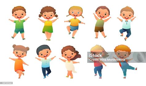 어린 소년과 어린 소녀 미취학 아동의 세트 여름 옷을 입은 사람 귀여운 아이 쾌활한 재미있는 아이 아기 기쁨 만화 스타일 일러스트레이션 플랫 디자인 흰색 배경에 격리 벡터