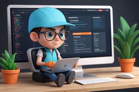 Premium Photo Cartoon 3d Character Developer Designer Working On Laptop Web App Development