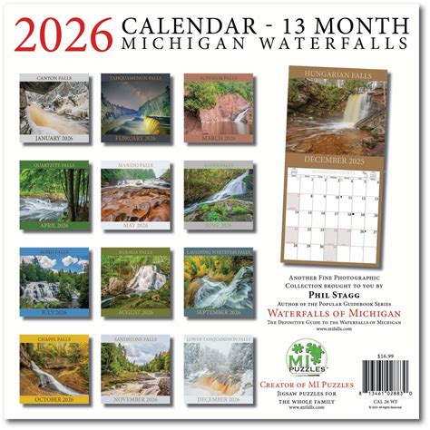 2026 Michigan Waterfalls 13 Month Wall Calendar 12x12 Mi Puzzles