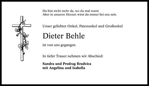 Traueranzeigen Von Dieter Behle Trauer In Nrwde