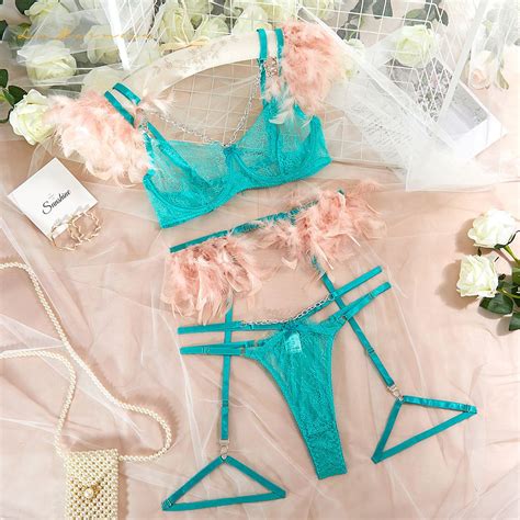 ₩21 547에서 도매 시청장 복장 그녀는 섹시한 레이스 란제리 세트 깃털 4 피스 세트 레이스 스티칭 체인 멀티 컬러 섹시 속옷 세트 Oln1239 Dhgate