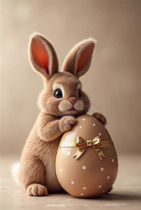 Easter Bunny With Polka Dot Easter Egg On Mocha Mousse Trend Color Background Happy Easter