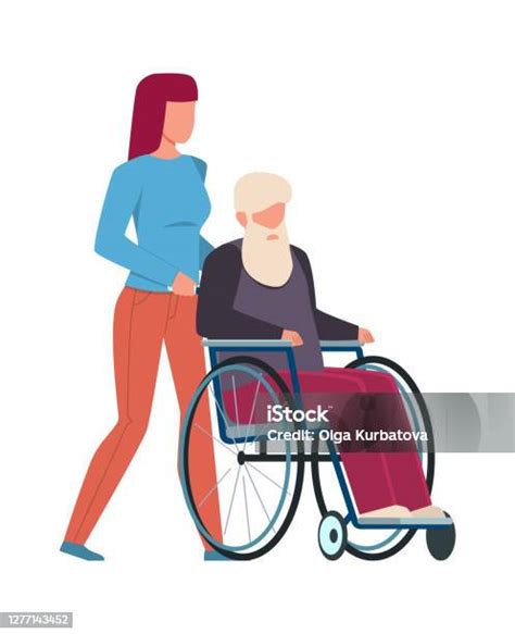 여성 자원 봉사자는 노인을 돕습니다 노인 인간을 돌보는 어린 소녀 사회적 지원 노인 휠체어 장애인과 함께 걷기 벡터 만화 고립 된 일러스트 노인에 대한 스톡 벡터 아트 및