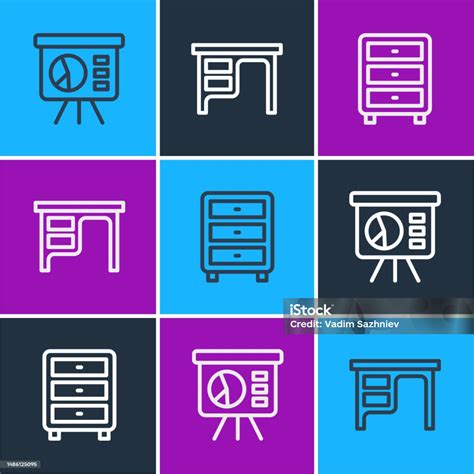 그래프 보관 용지 서랍 및 사무실 책상 아이콘으로 라인 보드를 설정합니다 벡터 0명에 대한 스톡 벡터 아트 및 기타 이미지