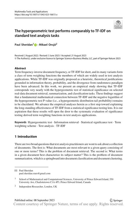The Hypergeometric Test Performs Comparably To Tf Idf On Standard Text Analysis Tasks