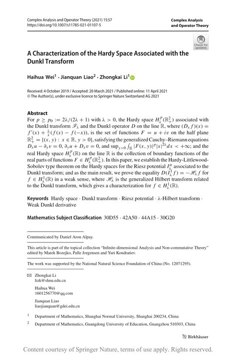 A Characterization Of The Hardy Space Associated With The Dunkl Transform Request Pdf