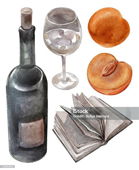 프렌치 피크닉 아침 식사세트의 수채화 손 그리기 세트 트렌디 한 색상 와인 한 병 와인 잔 책 살구 포스터 전단지 인쇄 카드 상점 메뉴 상점 삽화 스티커에 사용 수채화에
