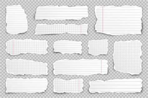 투명한 배경에 찢어진 종이 스트립 찢어진 가장자리가있는 현실적인 구겨진 종이 스크랩 노트북 페이지의 줄 지어 조각 벡터