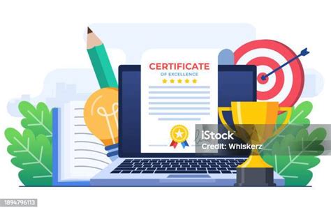 인증서 개념 평면 일러스트 벡터 템플릿 수상 상금 및 감사 개념 온라인 교육 훈련 과정 E 러닝 디지털 인증서 프로그램 원격 및 원격 학습 개념에 대한 스톡 벡터 아트 및
