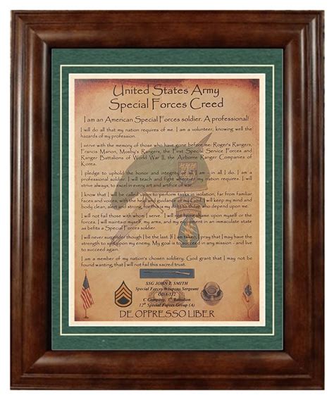 Best Us Army Special Forces Creed Green Beret Aged Parchment Framed