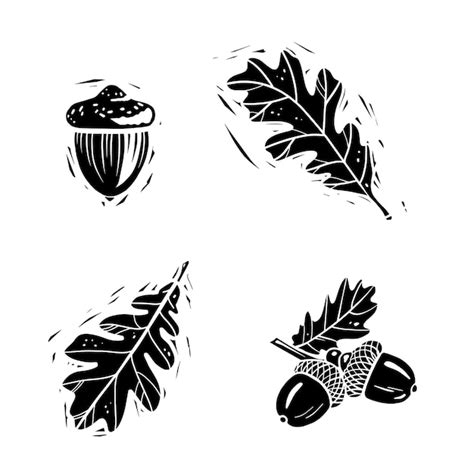 오크 잎과 아콘 Linocut 스타일 프리미엄 벡터