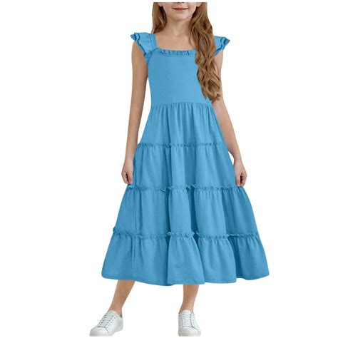 Mgmyaa Girls Summer Dresses Ruffle Sleeve Tiered Swing Midi Casual A