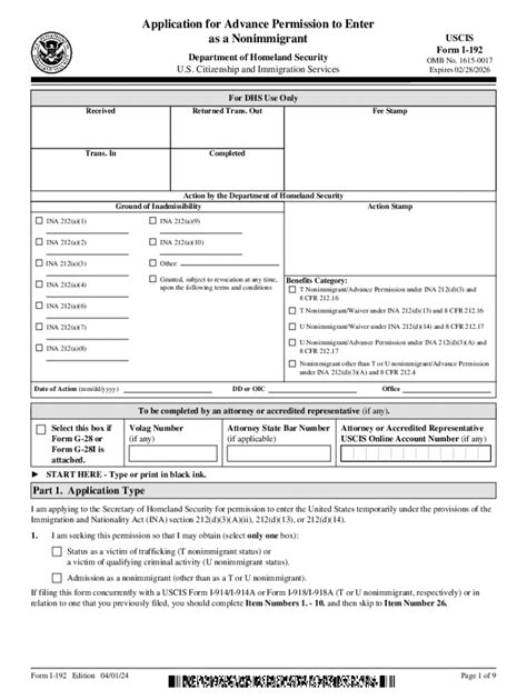 2024 2026 Form Uscis I 192 Blank Fillable Template Fill Out Print